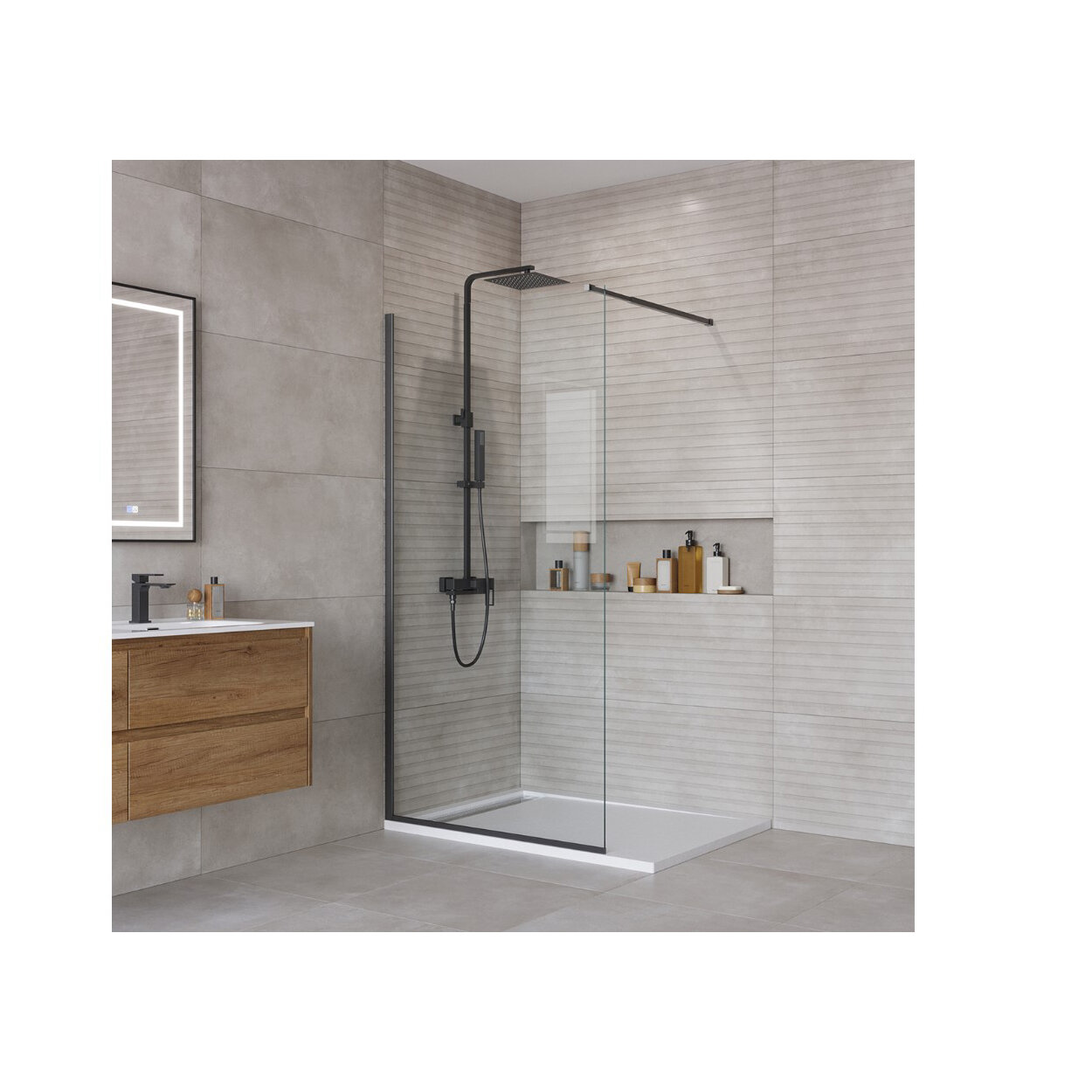 Душевая перегородка с односторонним входом, BelBagno (Бельбагно) KRAFT-L-1-90-C-NERO черный, стекло прозрачное 6 мм (900х1950х650-1200)