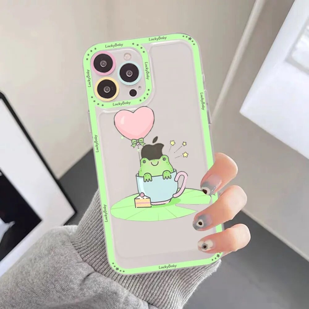 Мятно-зеленый чехол для телефона с лягушкой и грибом для iPhone 16, 15, 14, 13, 12, 11 Pro Max Mini X Xs XR, прозрачный чехол