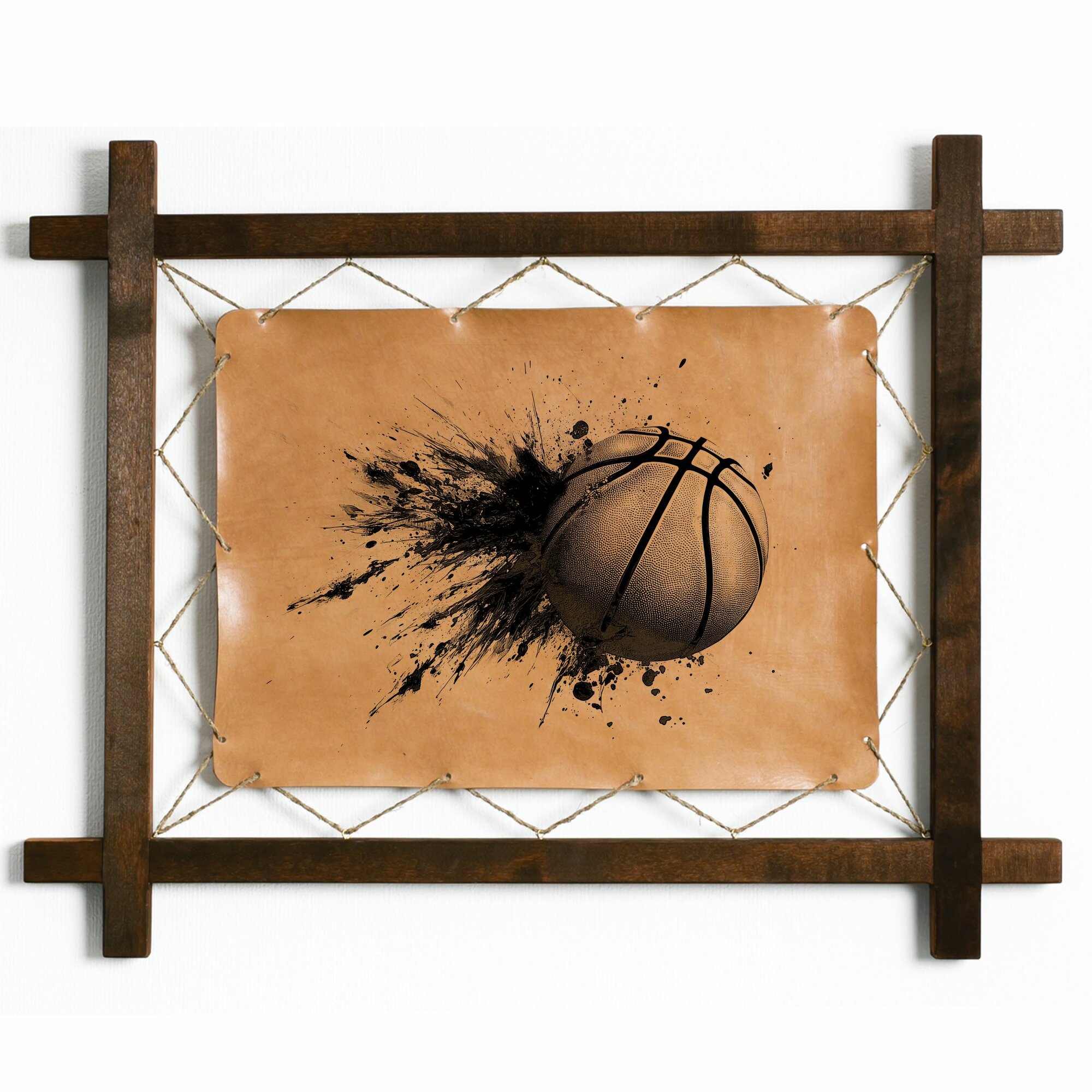 Картина интерьерная, натуральная кожа, "Баскетбольный мяч №3", в деревянной раме, BoomGift