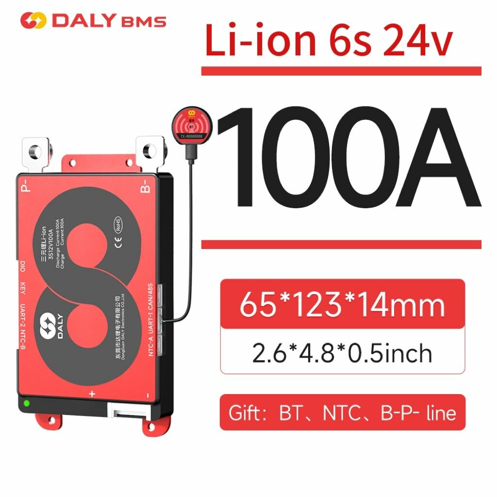 DALY SMART BMS 100A Li-ion 6S 24V Поддержка непрерывного тока 100A с Bluetooth и функцией балансировки UART/ RS485/CAN