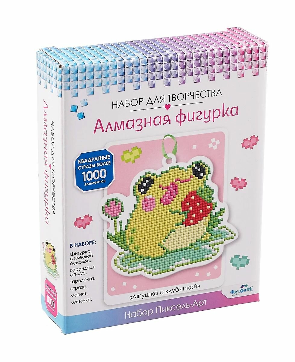 Алмазная мозаика Оригами фигурка с магнитом и ленточкой, "Лягушка с клубникой"