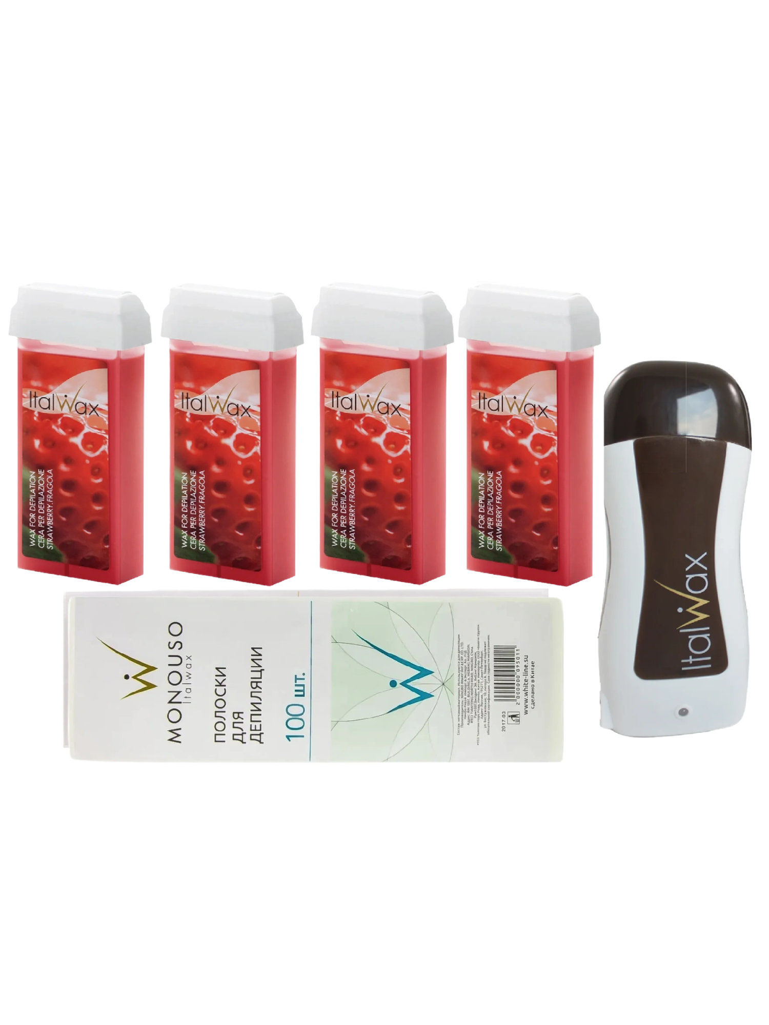 Набор для восковой депиляции Клубника ITALWAX NATURA Strawberry, 4 картриджа+нагреватель+полоски