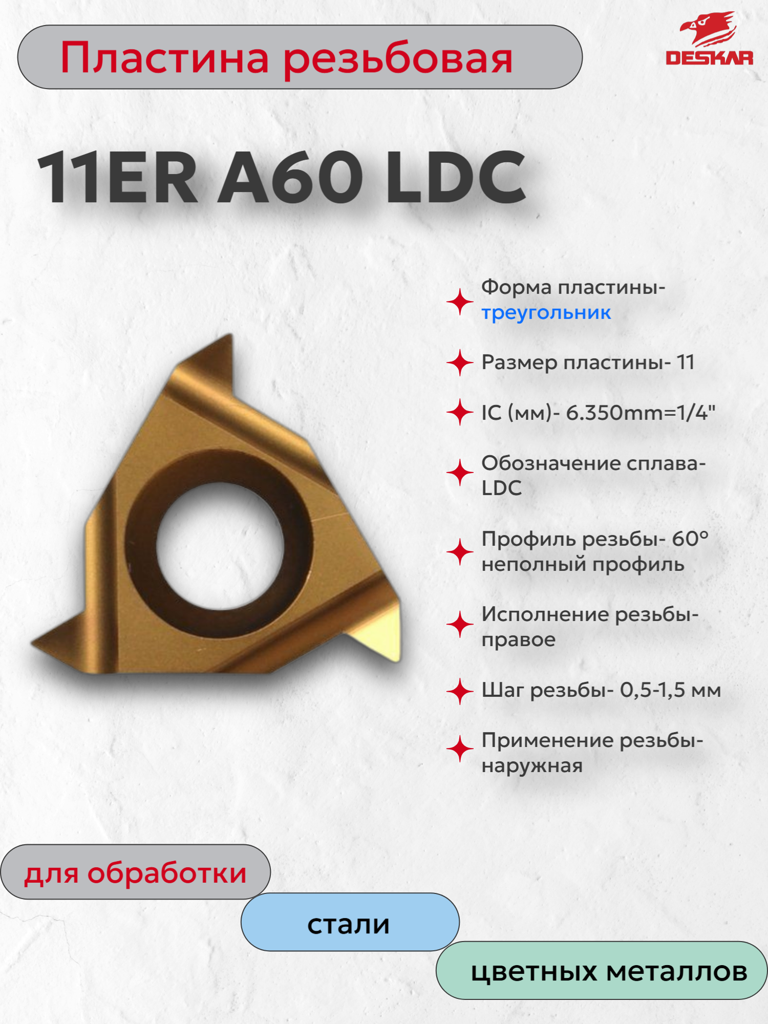 11ER A60 LDC пластина резьбовая (1 шт.) DESKAR 00-00021116