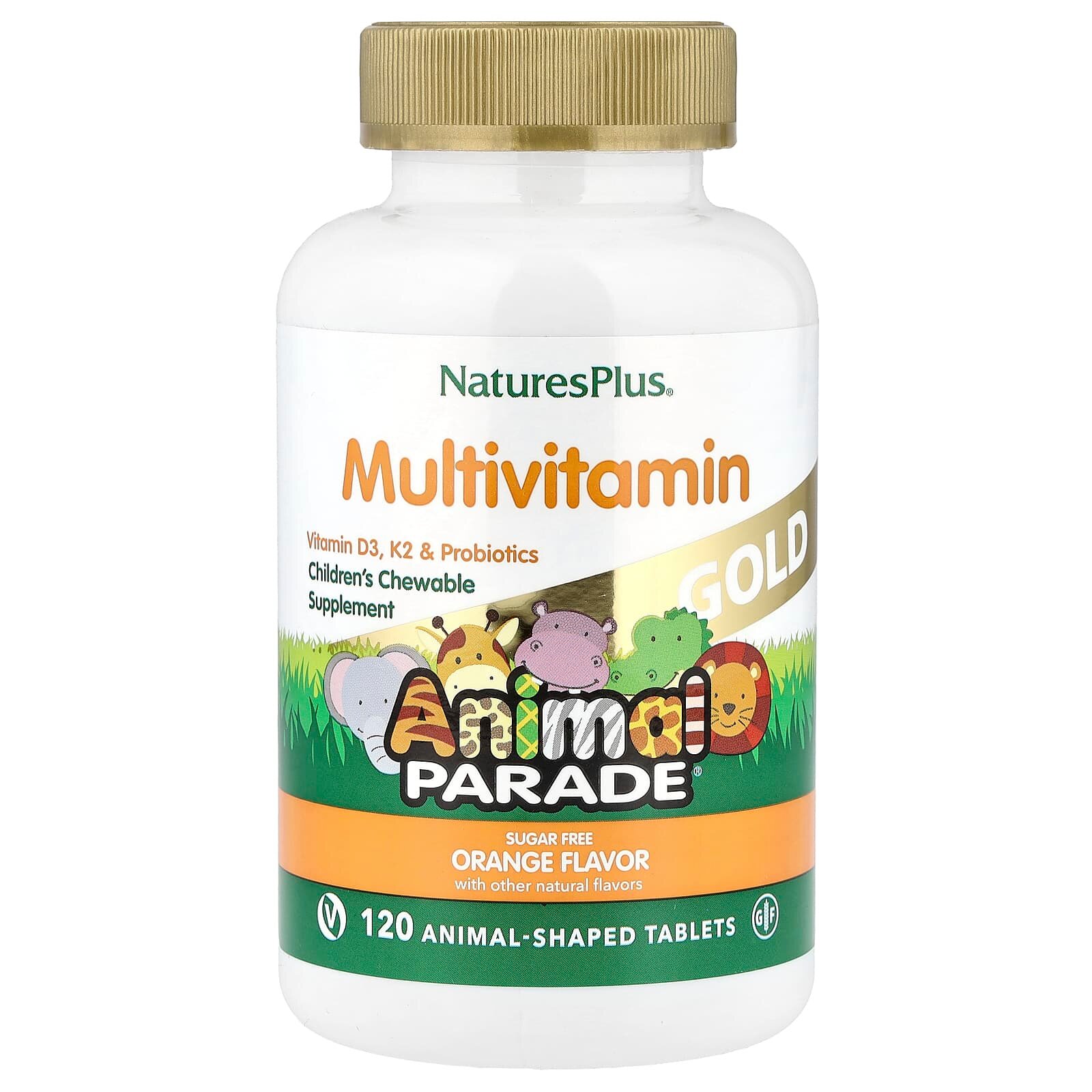 Витамины для детей, NaturesPlus Animal Parade GOLD Multivitamin Childrens, 120 жевательных таблеток, Апельсин