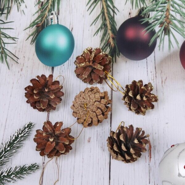 Украшение новогоднее Серпантин Шишки с золотым инеем 5,5 см, 6 шт