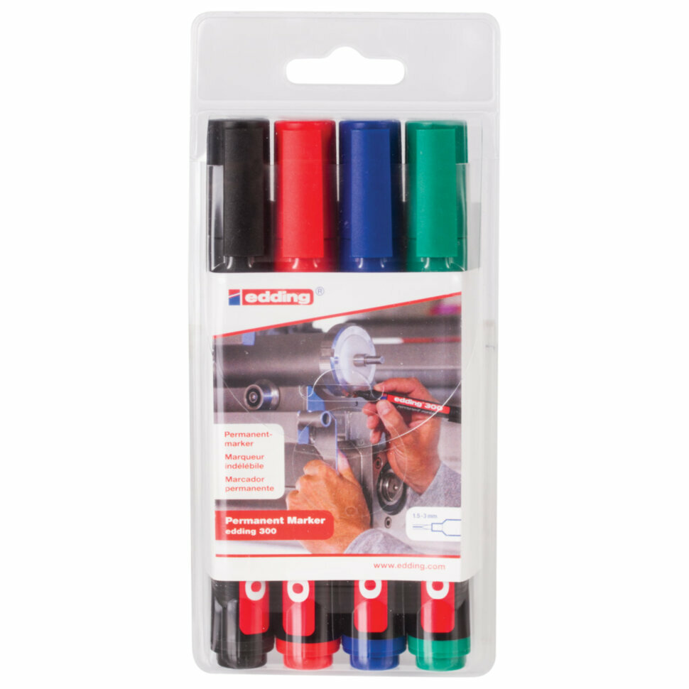Маркеры перманентные EDDING 300 набор 4 шт, Ассорти, круглый наконечник, 1,5-3 мм, E-300/4S, 151261