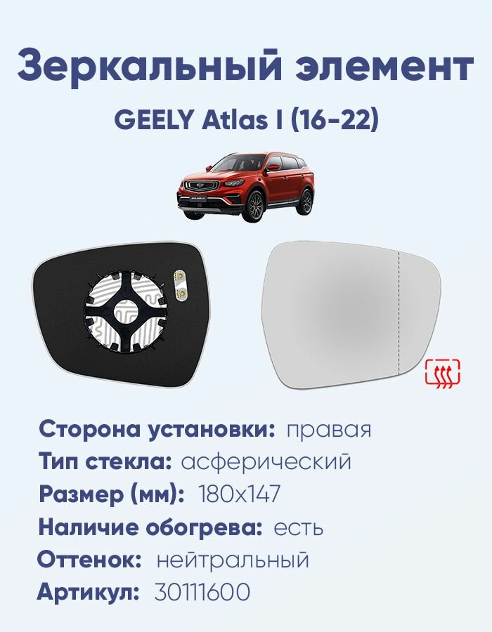 Зеркальный элемент правый GEELY Atlas I (16-22) асферика нейтральный с обогревом