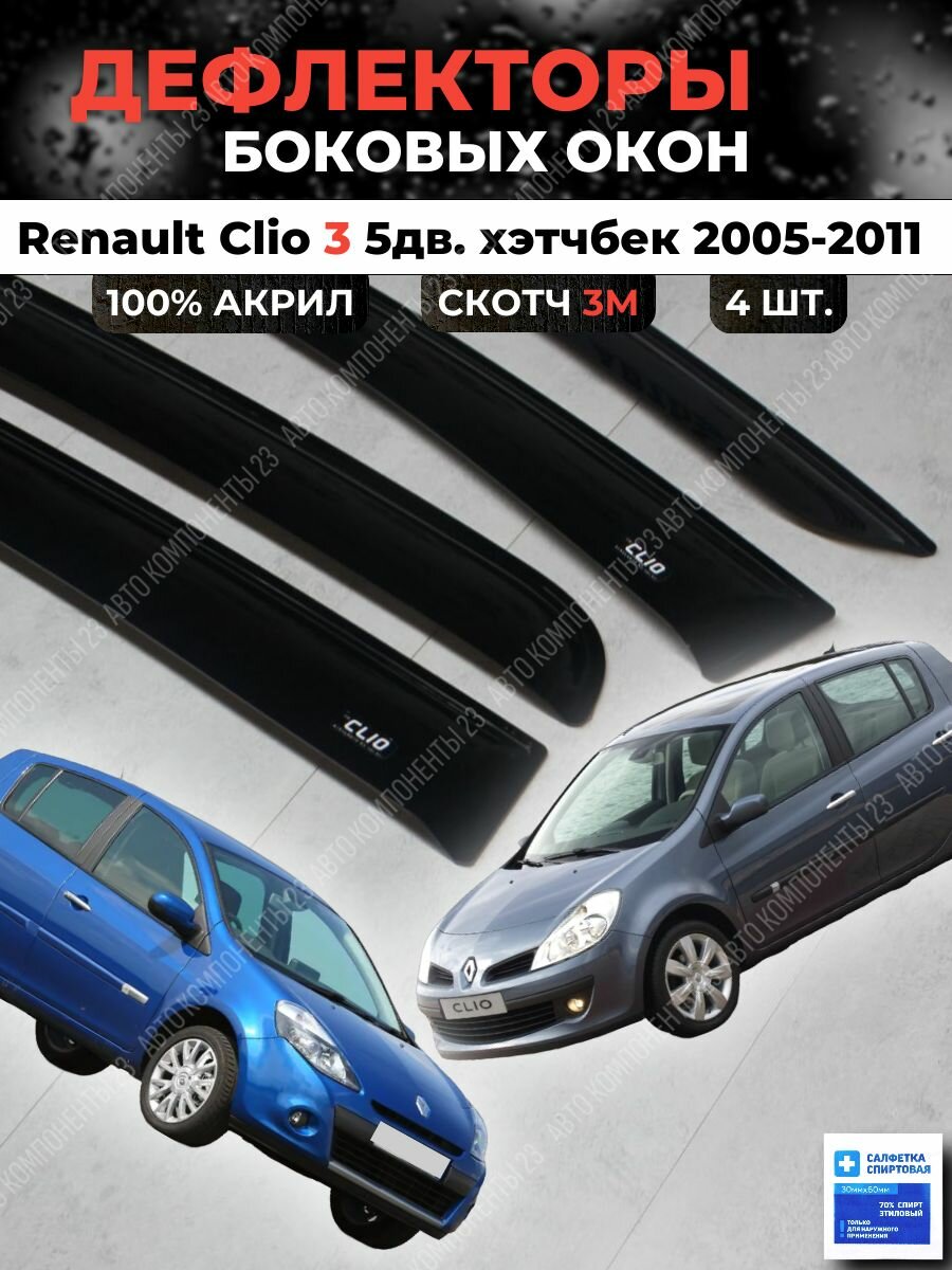 Дефлекторы окон Рено Клио 3 5дв. хэтчбек 2005-2011 / Ветровики Renault Clio