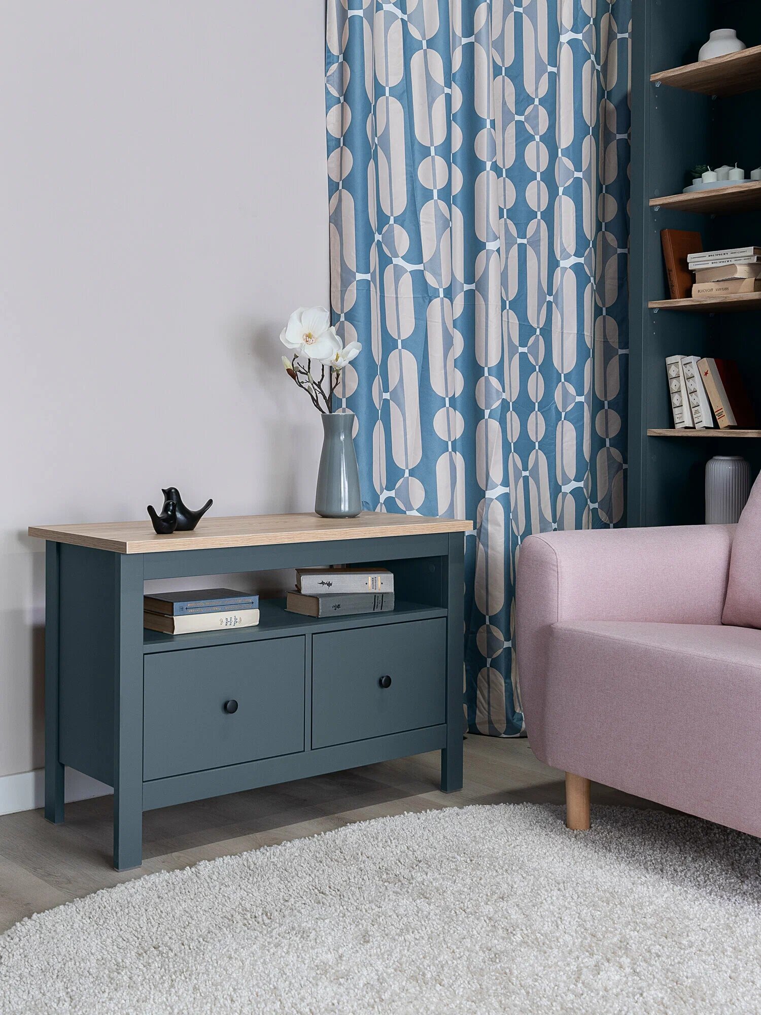 Тумба "Сага" 2 ящика, бирюзовый ясень, ЛДСП/МДФ 90 см х41 см х 62 см