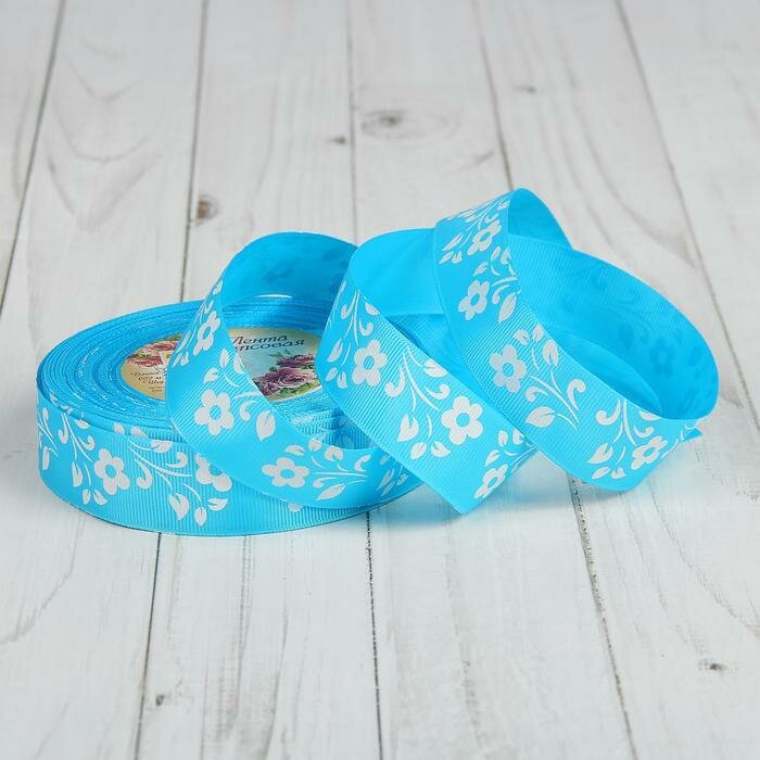 Лента репсовая Арт Узор "Ромашки", 25 мм, 22+ -1 м, цвет голубой (2785679)