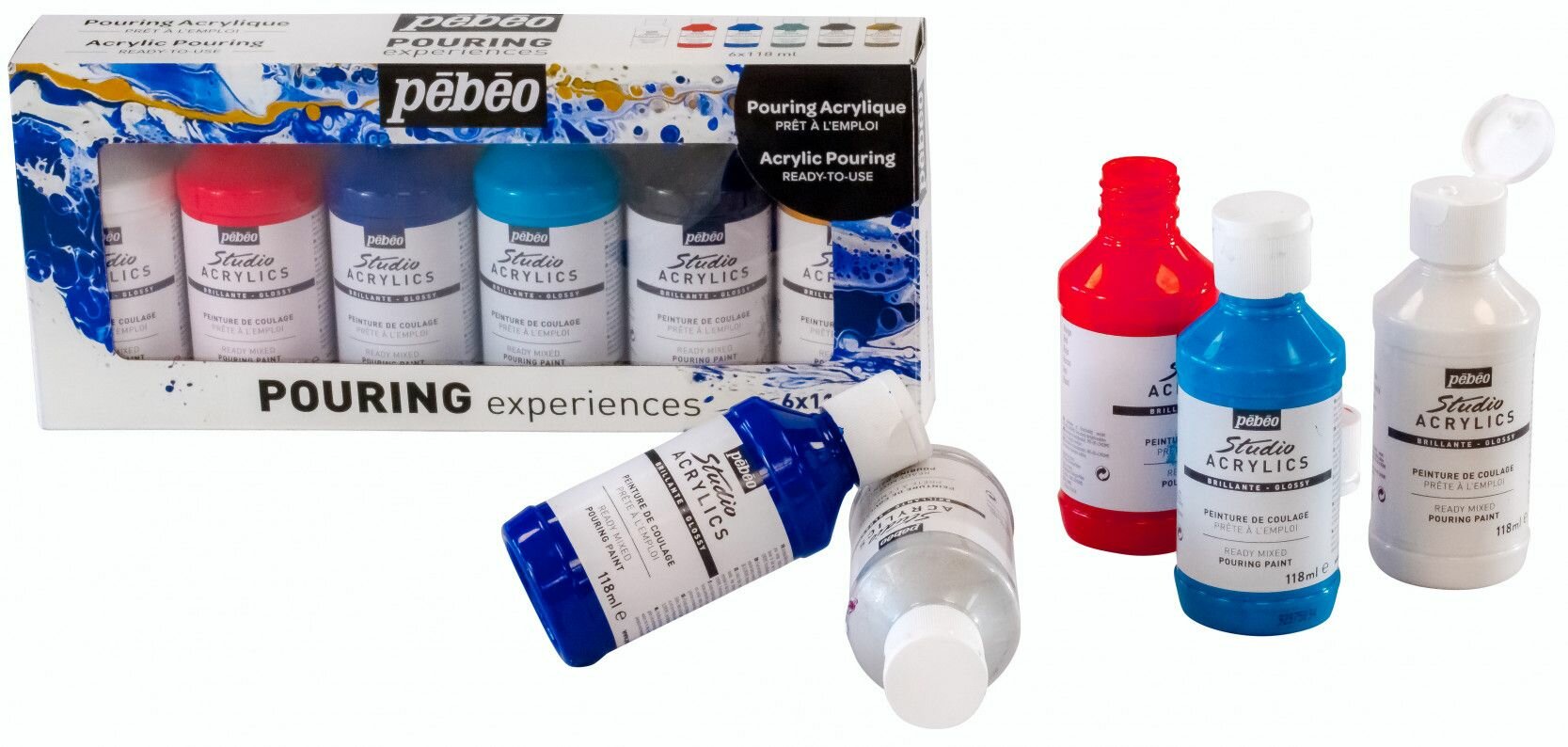 PEBEO POURING краски акриловые для техники Флюид арт, набор 6 цветов по 118 мл, 524601