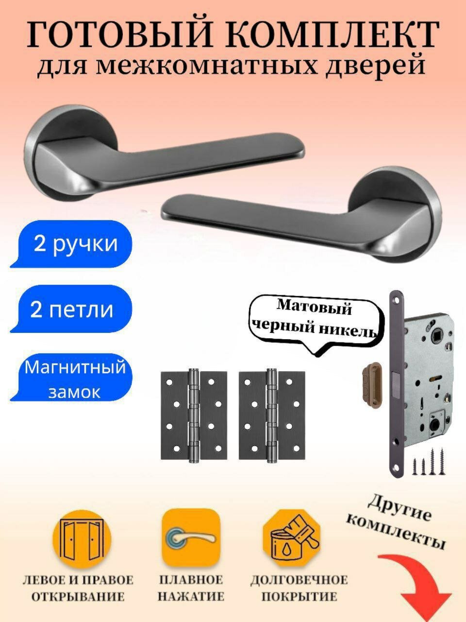 Ручка дверная межкомнатная Renz INDH_319-06_MBN_MAG, матовый черный никель (ручка + 2 универсальные петли + магнитный замок)