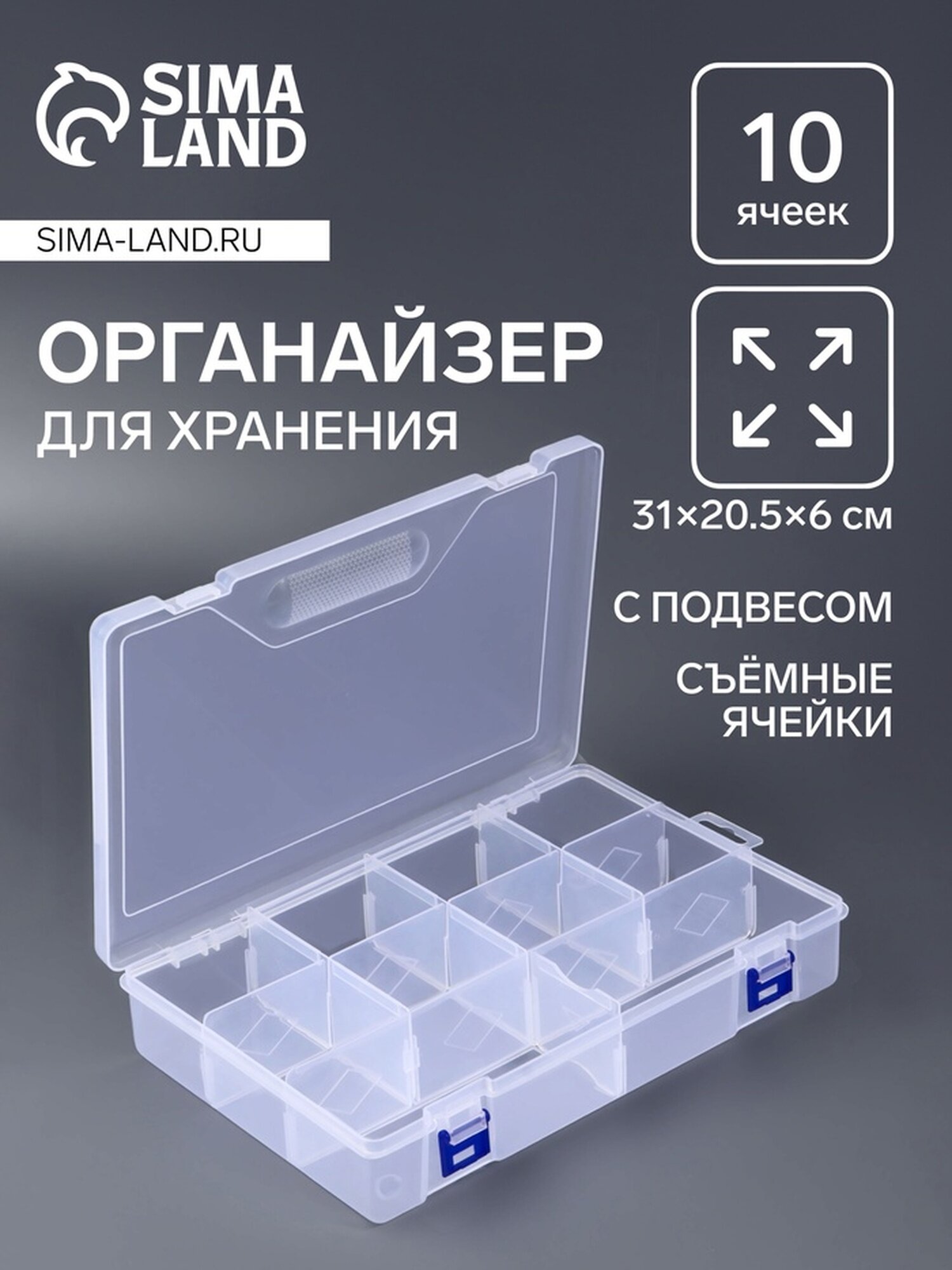 Органайзер для хранения мелочей, 10 ячеек, 31×20.5×6 см, прозрачный