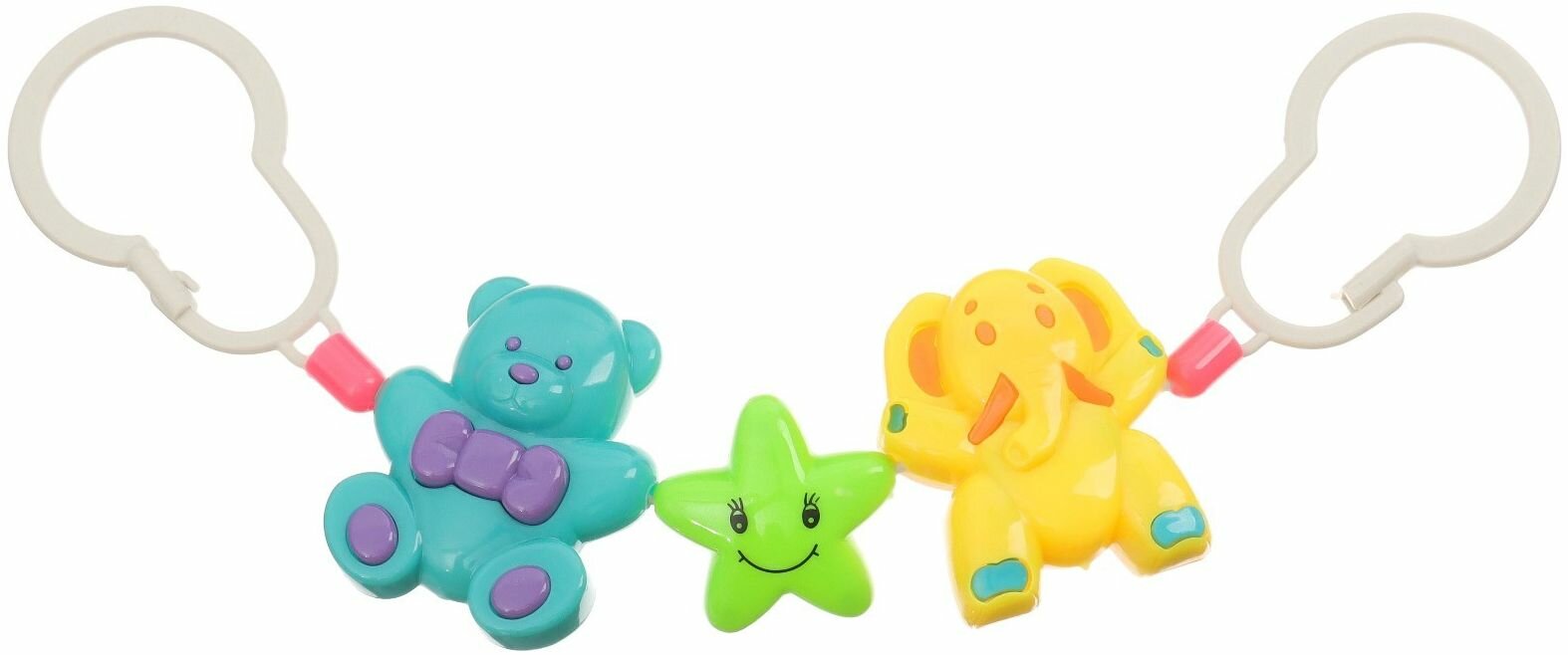 Растяжка-погремушка "Мишка, звезда и слоник", 3 фигурки, яркая развивающая подвесная игрушка на кроватку и в коляску, первая развивающая подвеска для малышей, шумелка для детей