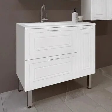 Тумба с раковиной Style Line Альба 90 Люкс напольная, 90, 2 см, белая, глянцевая, из МДФ, с ящиками, с корзиной, раковина для ванной, из искусственного мрамора, прямоугольная