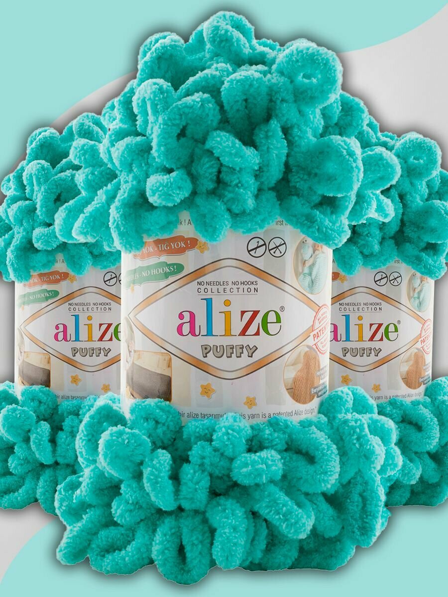 Пряжа для вязания Alize Puffy с готовыми петлями, цвет 490 ментол, 100 г / 9 м, 3 мотка