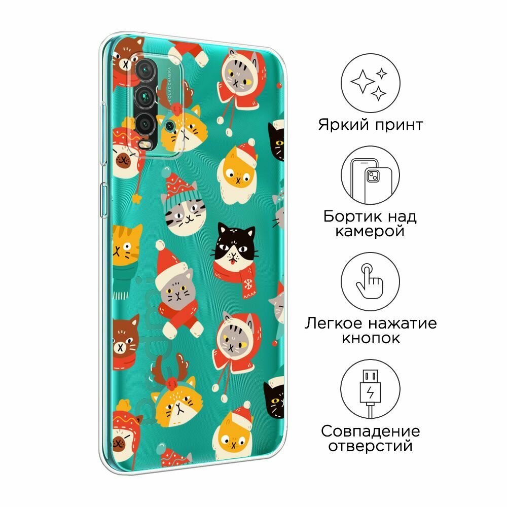 Чехол на Xiaomi Redmi 9T / Сяоми Редми 9Т с принтом Праздничные котики, прозрачный — фото 1