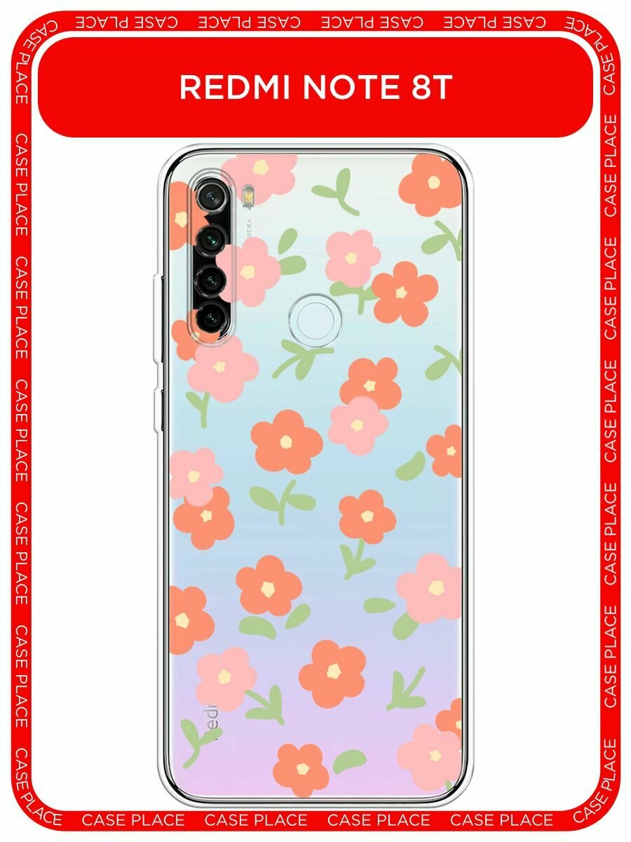 Чехол на Xiaomi Redmi Note 8T / Сяоми Редми Нот 8Т с принтом "Красные цветочки рисунок", прозрачный
