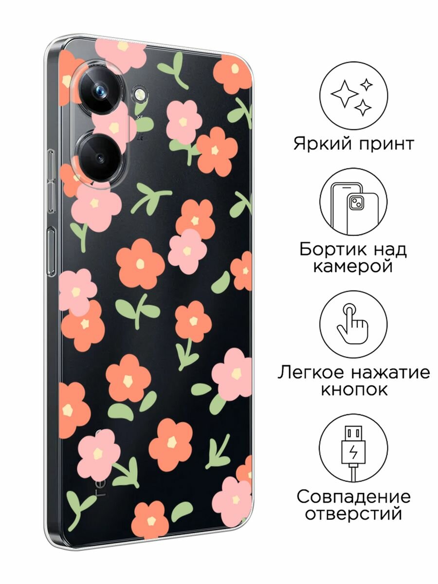 Чехол на Realme 10 Pro / Реалми 10 Про с принтом "Красные цветочки рисунок", прозрачный — фото 1