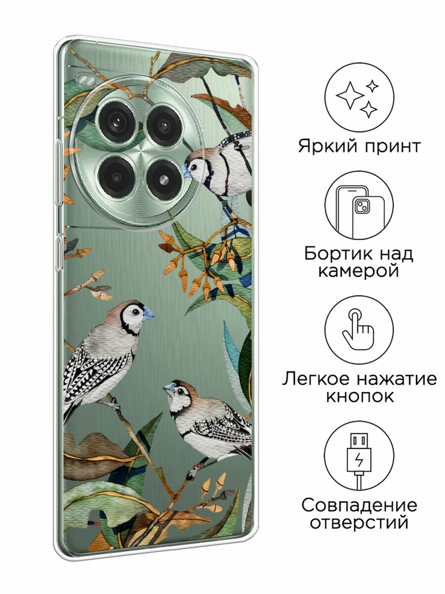 Чехол на OnePlus Ace 3 Pro / Ван Плас Эйс 3 Про с принтом "Птицы в листве", прозрачный — фото 1