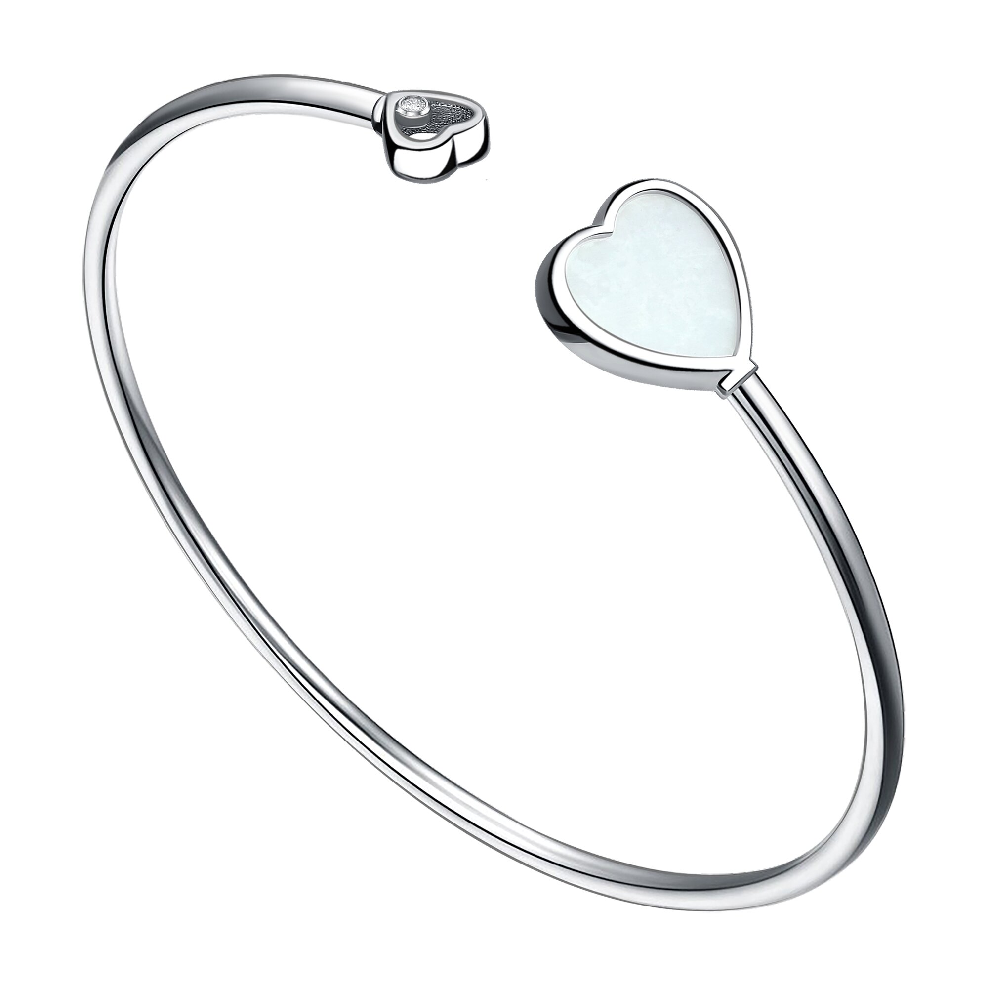 Жесткий браслет, серебро, 925 проба, родирование, фианит, перламутр