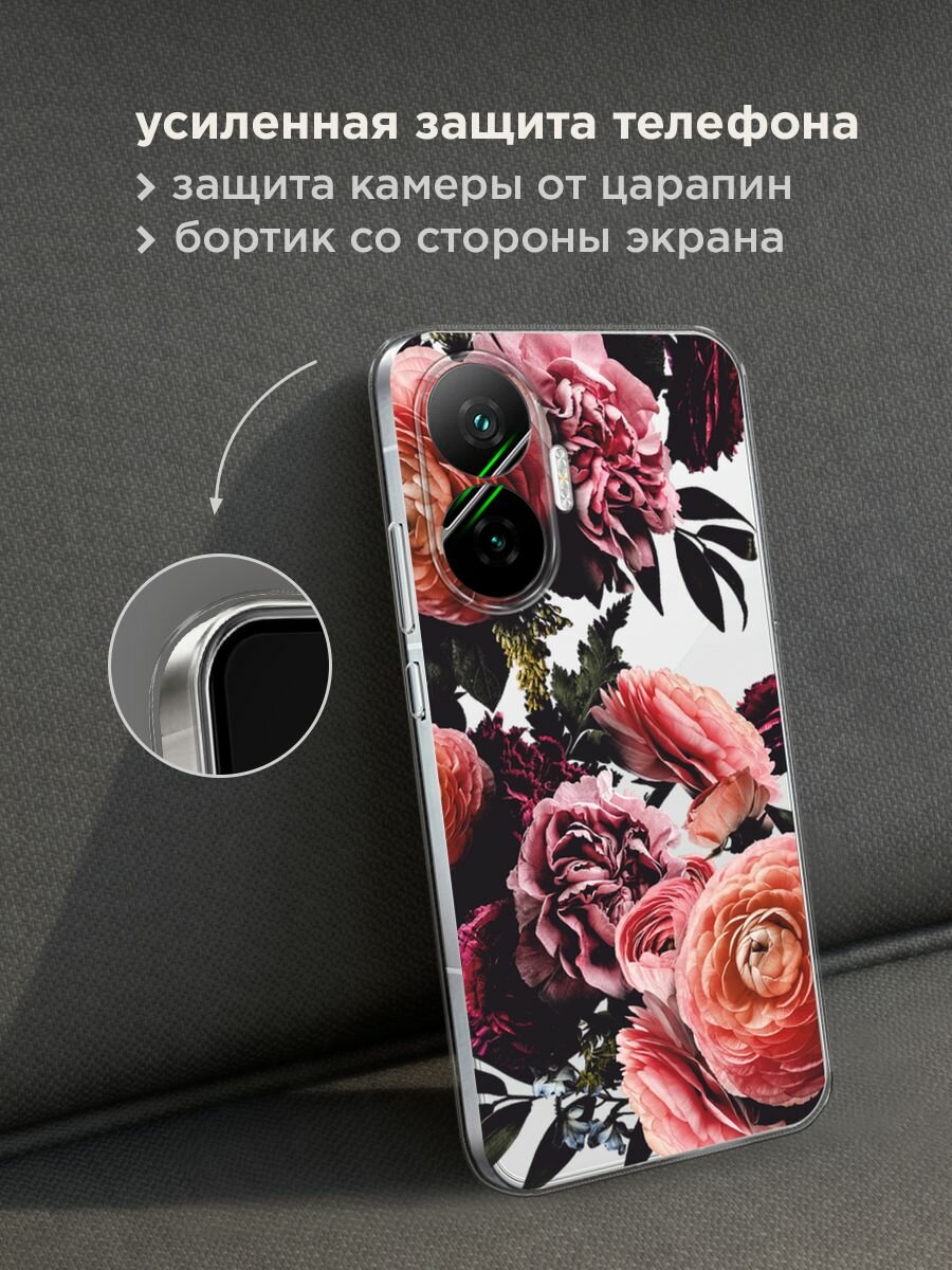 Чехол на Poco F7 / Поко F7 с принтом "Бордовые винтажные цветы", прозрачный — фото 1