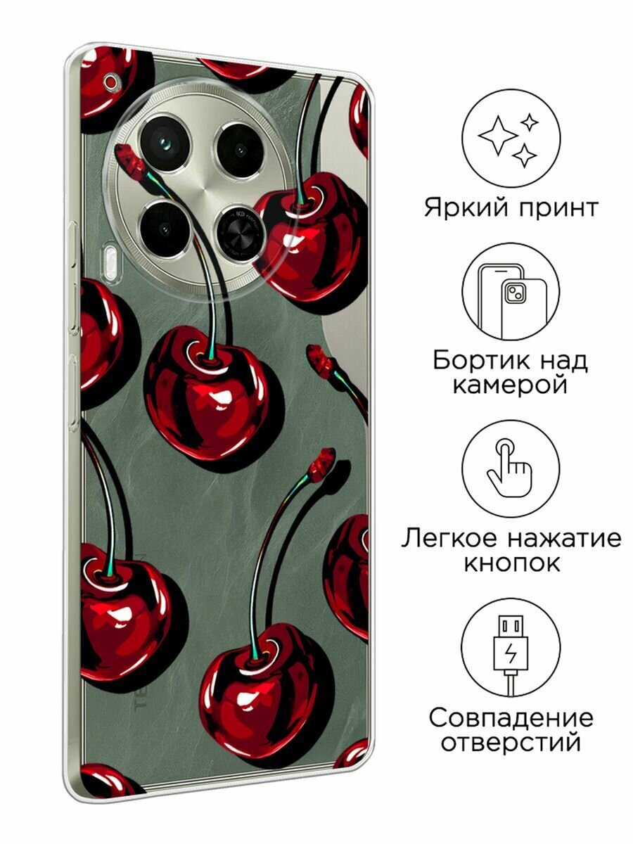 Чехол на Tecno Camon 30 5G / Текно Камон 30 5G с принтом "Сочные черешни", прозрачный — фото 1