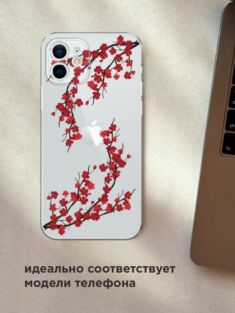 Чехол на Apple iPhone 12 mini / Айфон 12 Мини с принтом "Красная сакура", прозрачный — фото 1