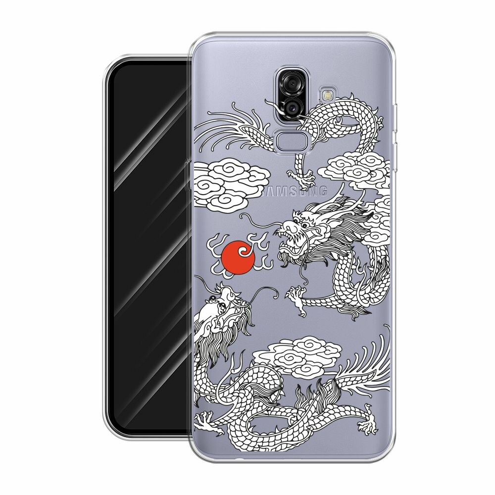Чехол на Samsung Galaxy J8 / Самсунг Галакси Джей 8 с принтом "Драконы и Солнце", прозрачный — фото 1