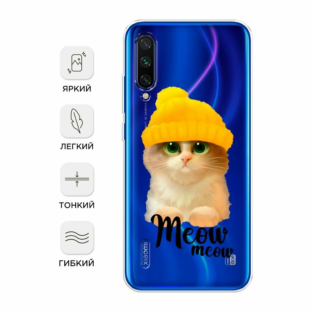 Чехол на Xiaomi Mi CC9/A3 Lite/9 Lite / Сяоми Mi CC9/A3 Lite/9 Lite с принтом Котенок в шапке, прозрачный — фото 1