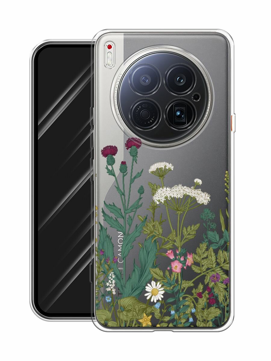 Чехол на Tecno Camon 40 Premier / Текно Камон 40 Премьер с принтом "Дикие полевые цветы", прозрачный — фото 1