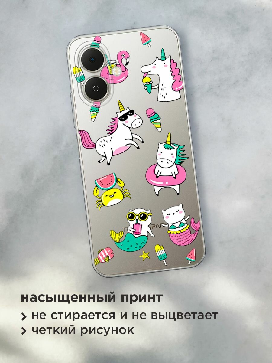 Чехол на Tecno Spark Go 2 / Текно Спарк Го 2 с принтом "Единороги в отпуске", прозрачный — фото 1