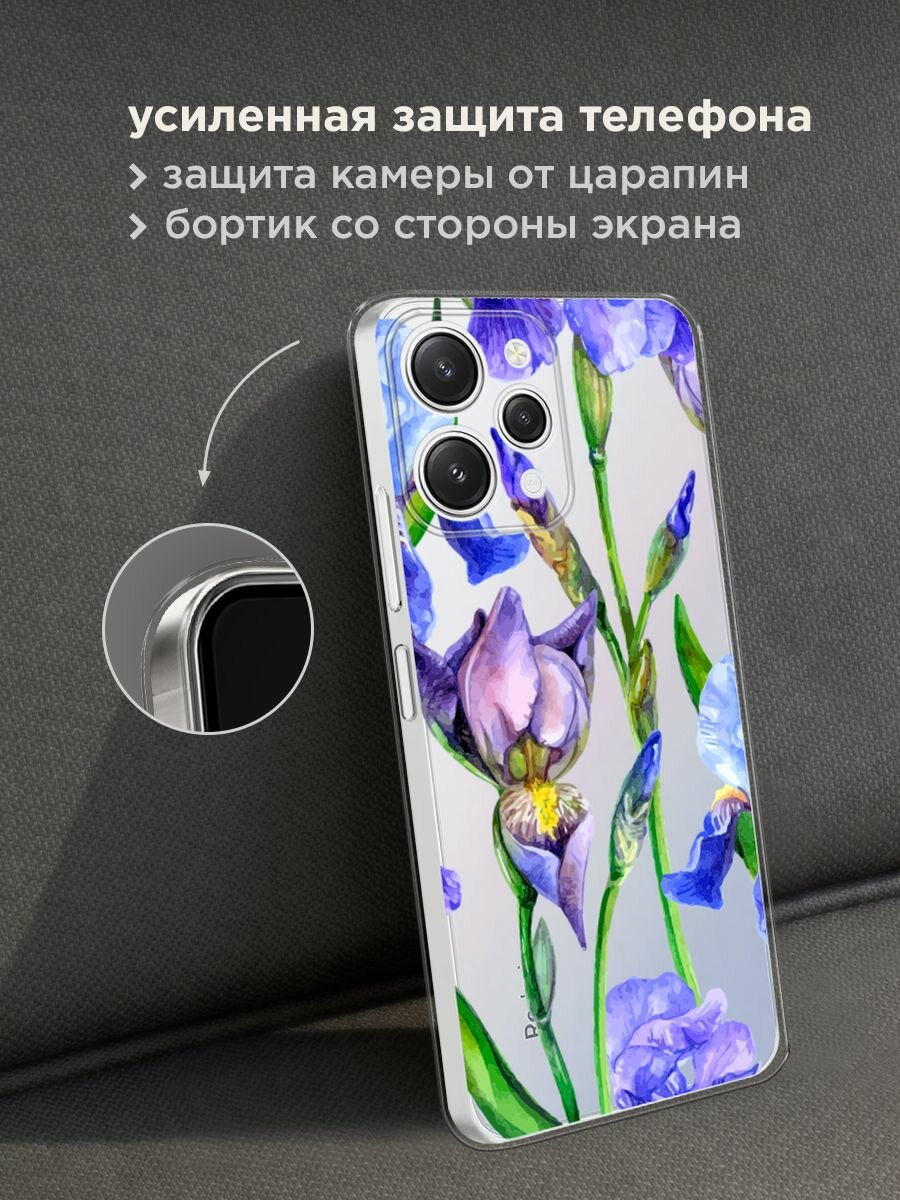 Чехол на Xiaomi Redmi 12 / Сяоми Редми 12 с принтом "Синие ирисы", прозрачный — фото 1
