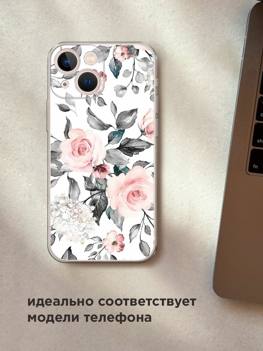 Чехол на Apple iPhone 13 mini / Айфон 13 мини с принтом "Розы на белом" — фото 1