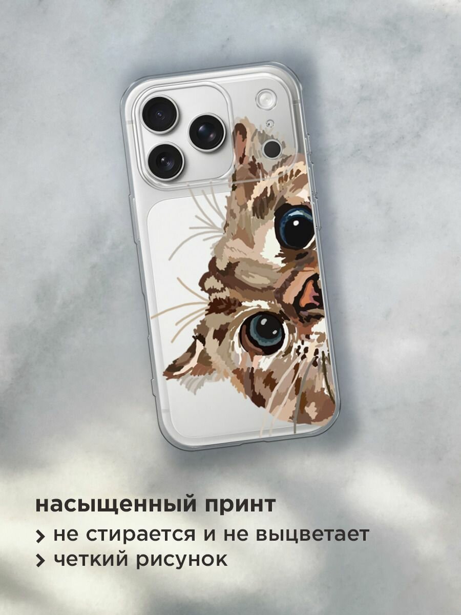 Чехол на Apple iPhone 17 Pro / Айфон 17 Про с принтом "Любопытный кот", прозрачный — фото 1