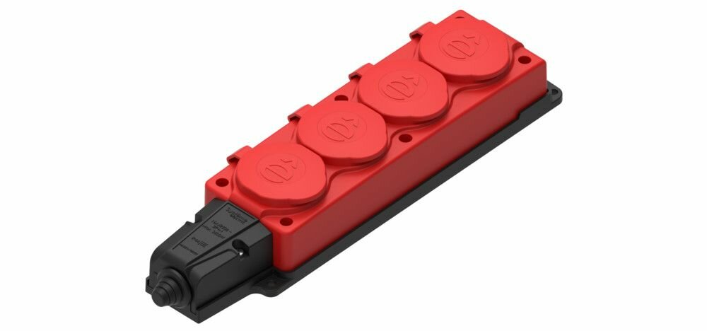 Колодка для удлинителя Systeme Electric MultiSet, 4 розетки, 2К+З, каучуковая, 16 А, 250В, IP44 красная