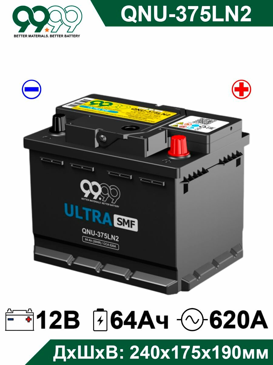 Аккумулятор стартерный 9999 QNU-375LN2 12V 64Ah (12В 64Ач) L2 620А, SMF обратная полярность 240х175х190