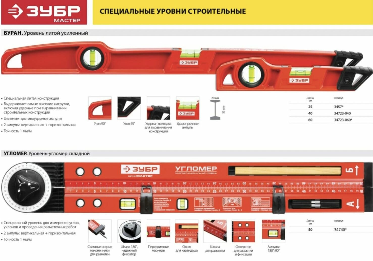 Складной уровень-угломер 500 мм ЗУБР мастер