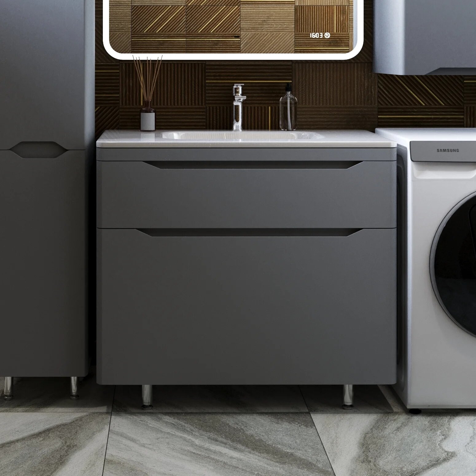 Тумба с раковиной "Марелла 90" Style Line, 2 ящика, покрытие антискрейч, серый, напольная