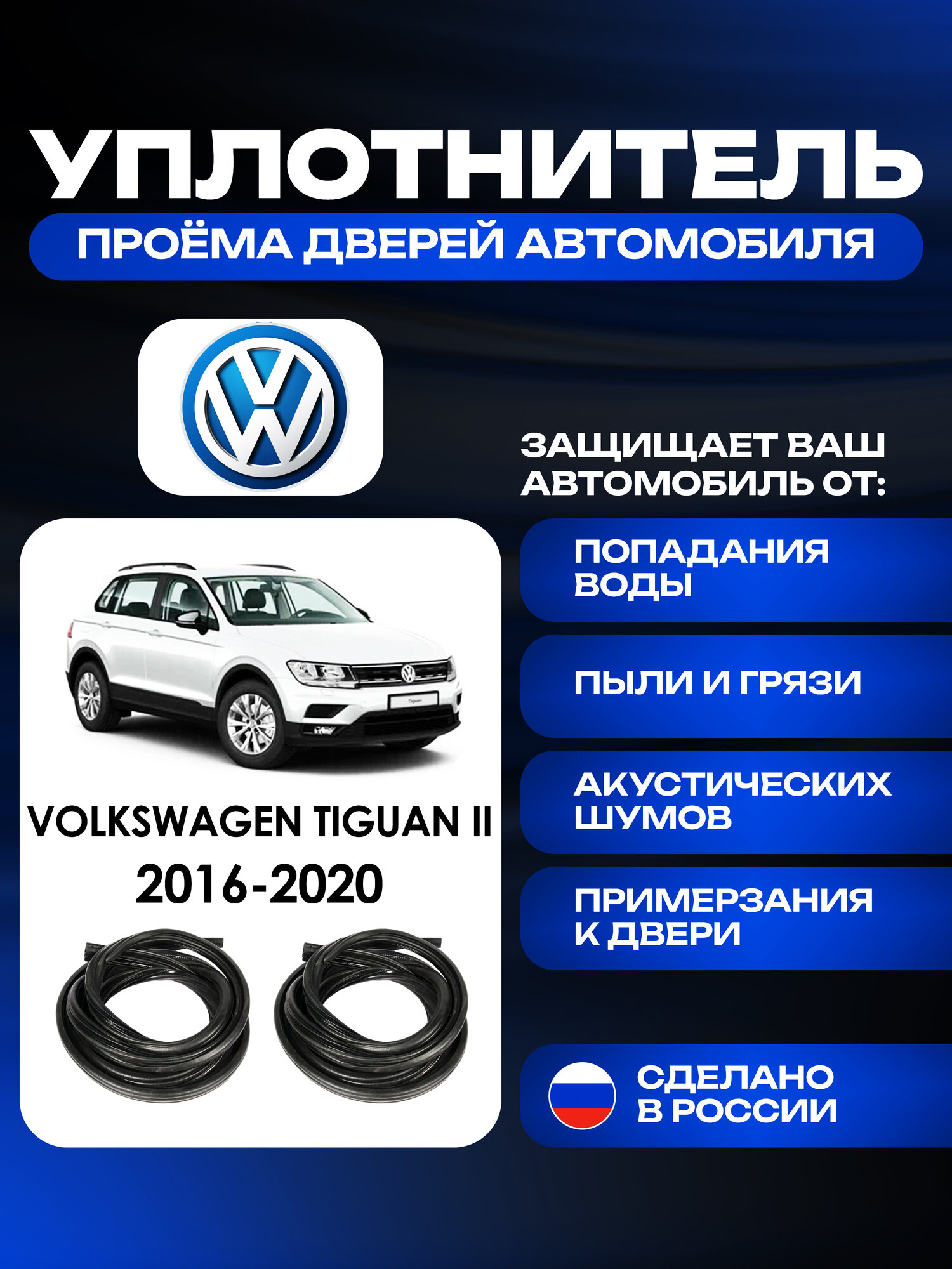 Уплотнитель (резинка) проёмов задних дверей (2 ШТ.) Volkswagen Tiguan II 2016-2020 / Фольксваген Тигуан 2 поколение
