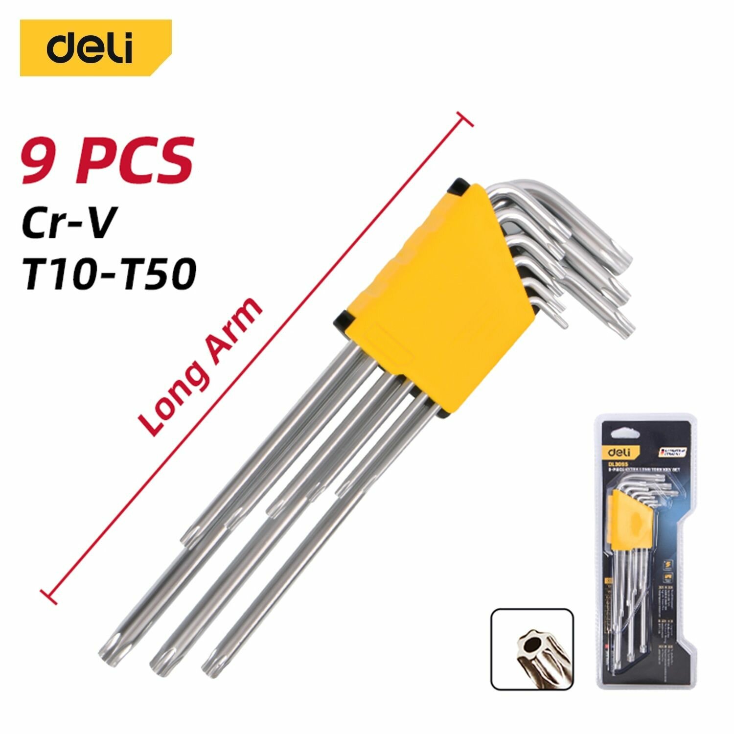 Набор шестигранных ключей "TORX" сверхдлинных 9шт Deli DL3095 (размеры Т10, Т15, Т20, Т25, Т27, Т30, Т40, Т45, Т50)