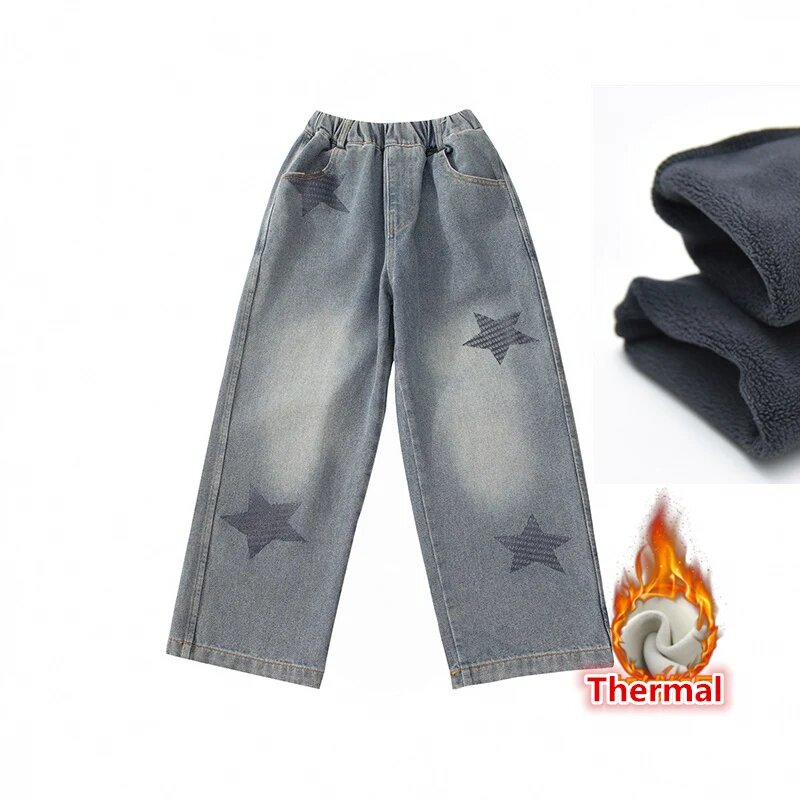 RONG CH Корейские теплые джинсы для детей с принтом звезд эластичный пояс толстые брюки
