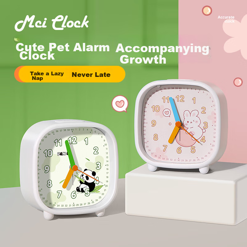 Mashi Alarm Clock for Children And Students, Simple Square Design with Analog Hands, Luminous, Anti-Sleep, Lazy Person's Night Light, Bedside Clock C301-5 Panda