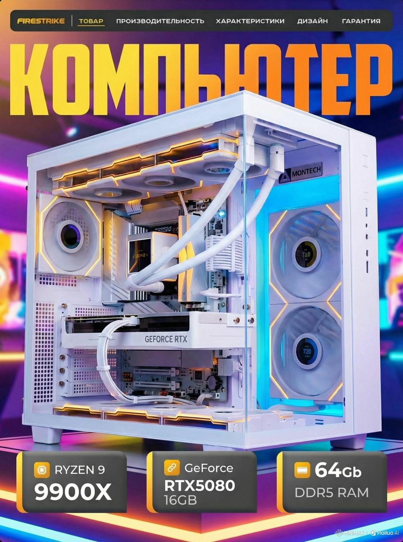 Мощный игровой компьютер RYZEN 9900x 16ядер/RTX5080 16Gb/ 64GB DDR5/ SSD 1+1 ТБ/850W/Win 11 PRO