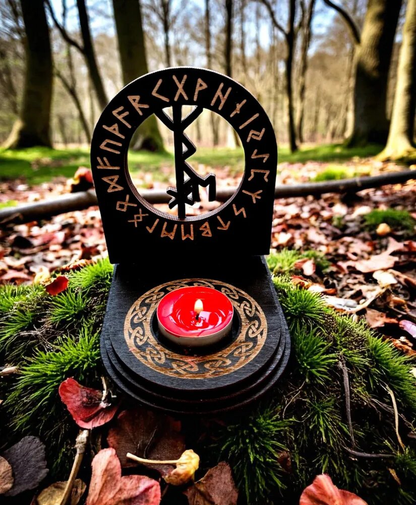 Оберег алтарь со ставом "Женская энергия", набор рун для ритуалов с местом для свечи и благовоний, разборный