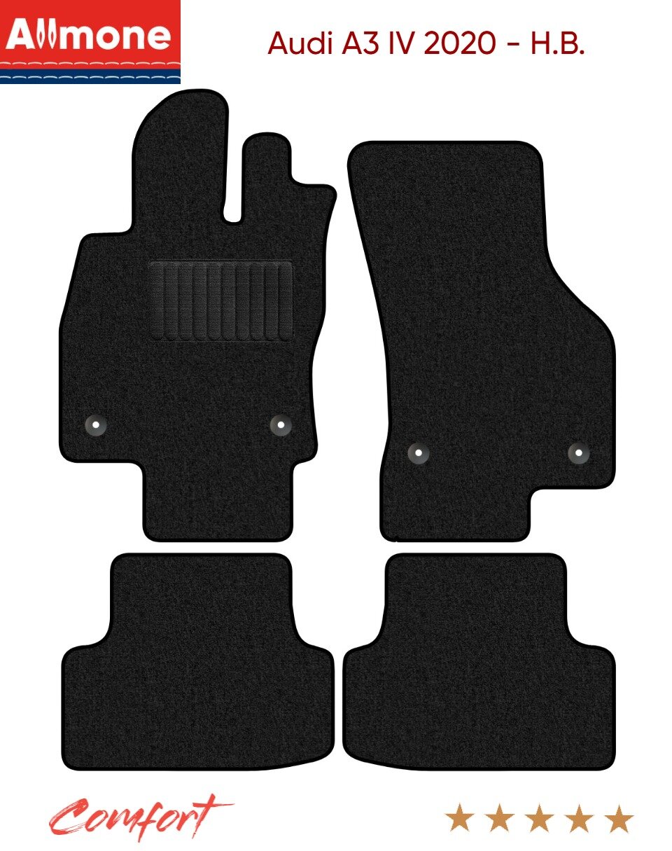 Ворсовые коврики для Audi A3 4 (8YХэтчбек) 2020 - Н. В, черные, Allmone, "Комфорт" 4шт, / Ауди А3 4