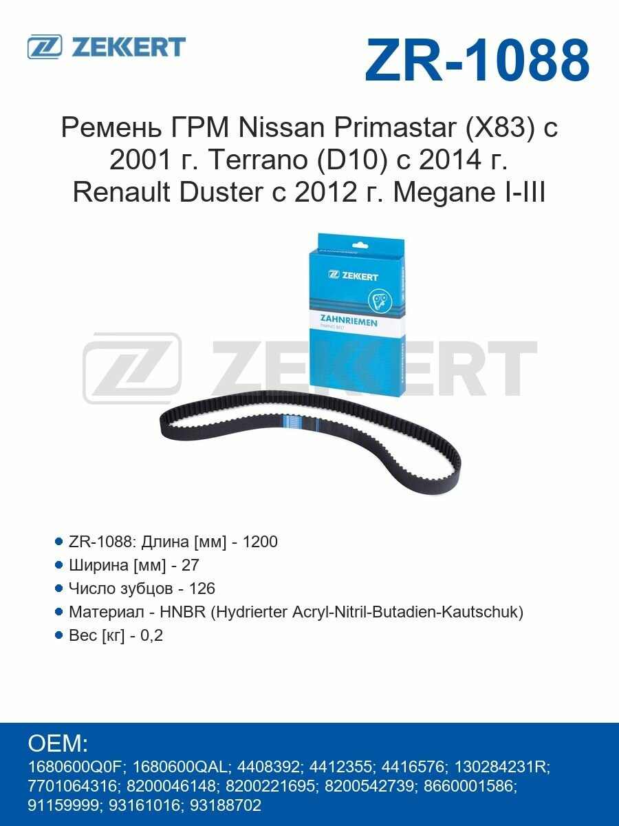 Ремень ГРМ Nissan Primastar (X83) с 2001 г. Terrano (D10) с 2014 г. Renault Duster с 2012 г. Megane I-III
