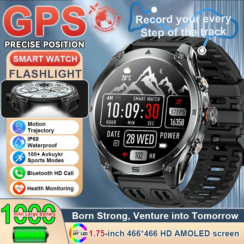 Yangdex Мужские умные часы с GPS, фонариком, BlackМужские умные часы с GPS, фонариком, Black