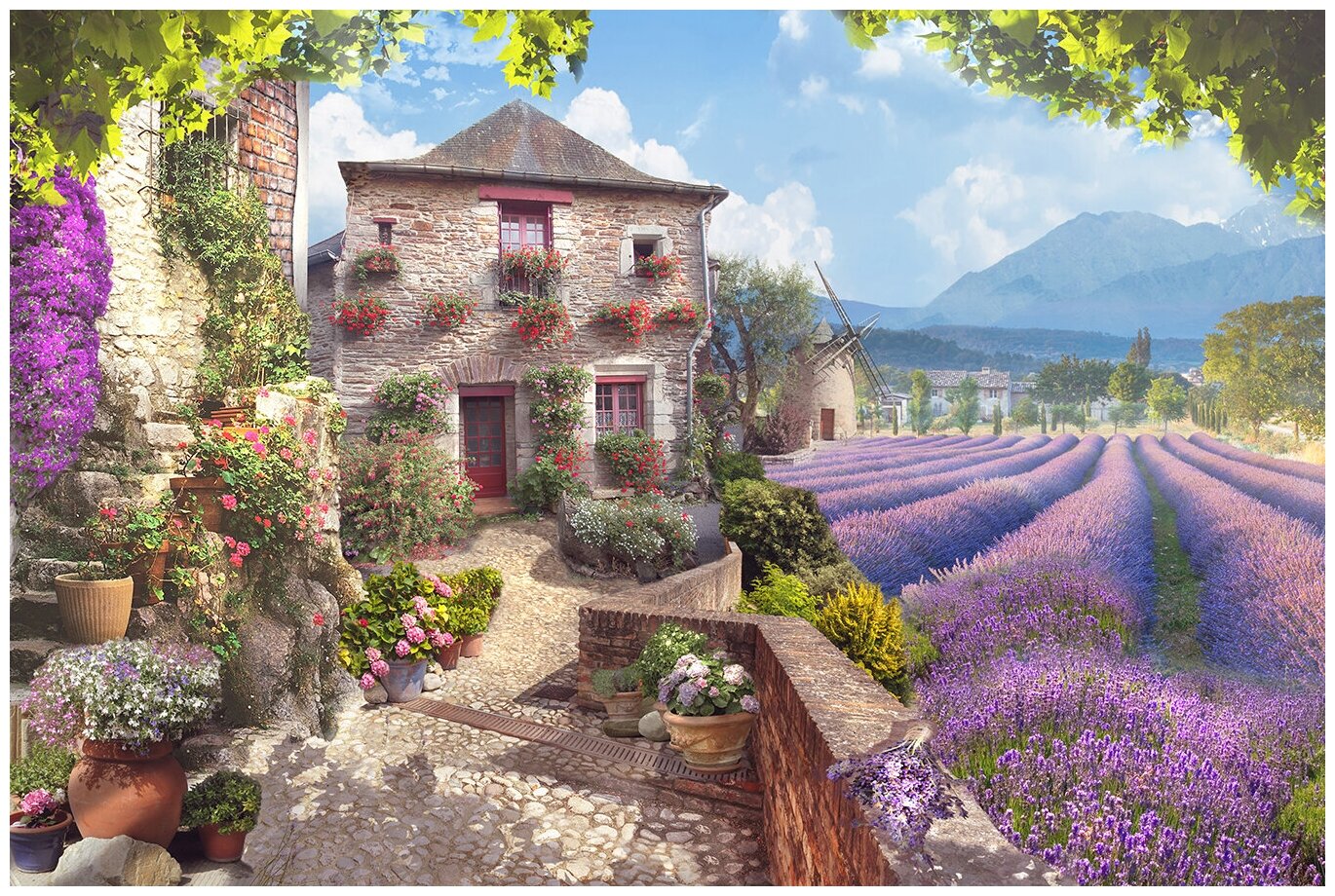 Фотообои Уютная стена "Дворик с видом лавандовые поля" 410х270 см Виниловые Бесшовные (единым полотном)