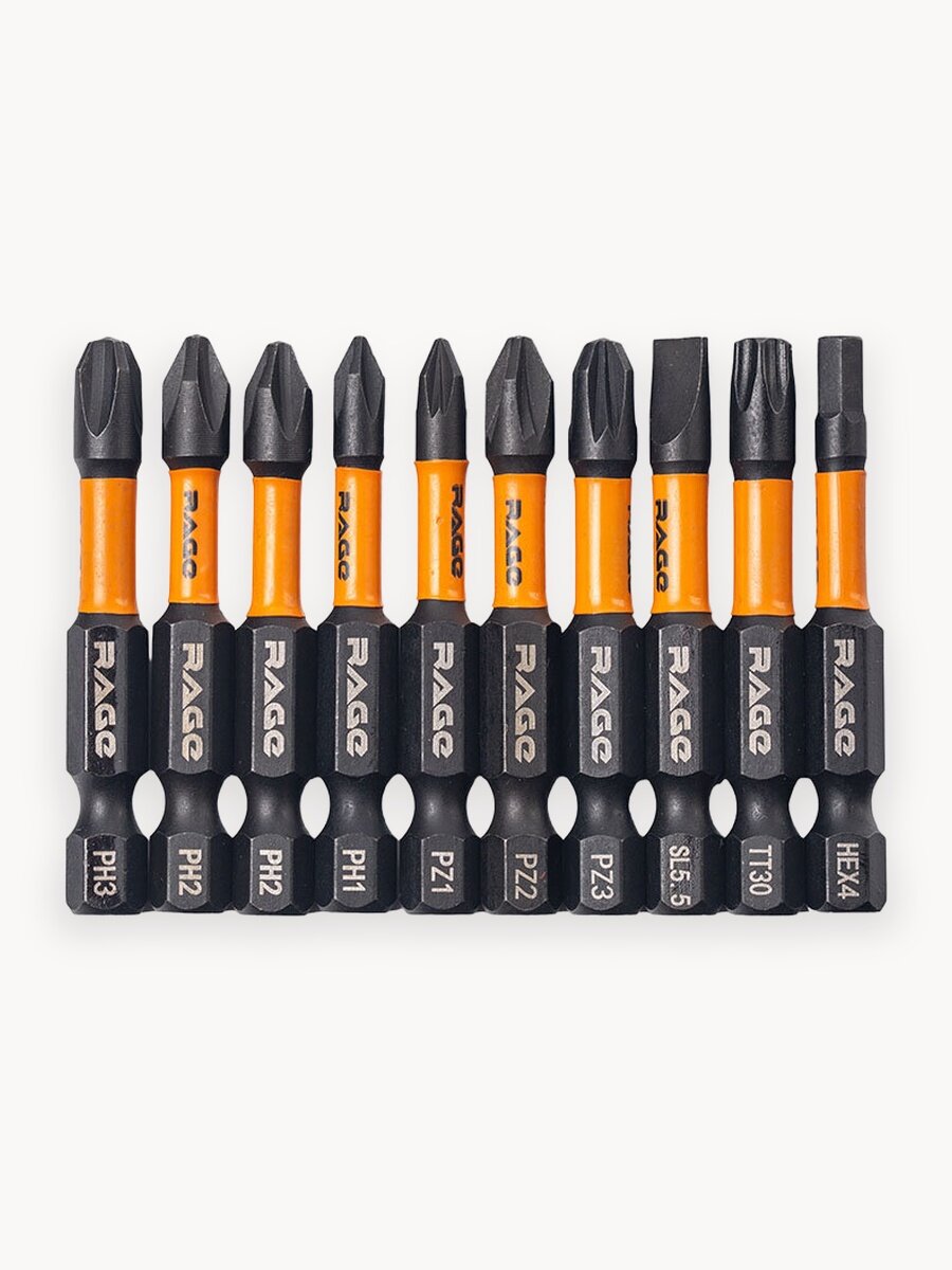 Набор бит для шуруповерта торсионных IMPACT PH PZ SL HEX TORX x 50 мм 10 шт RAGE by VIRA